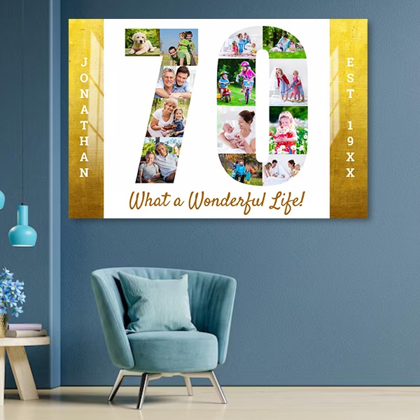 Buy Number 70 Photo Collage 70th Birthday Gold & White Customized Photo ...