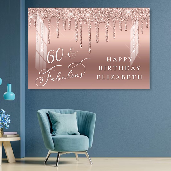 Buy Rose Gold Glitter 60th Birthday Party Welcome Customized Photo ...