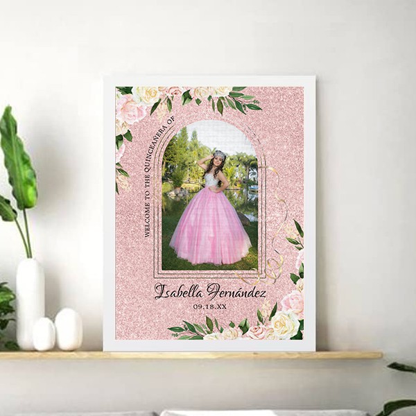 Buy Blush Pink Glitter | Floral Quinceañera Welcome Customized Photo ...