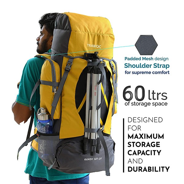 Buy Yellow Customized 60 Litres Travel Backpack Hiking Trekking ...