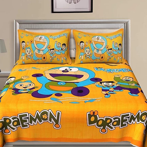 Buy Yellow Customized Doraemon Cartoon Print King Size Bedsheet with 2 ...
