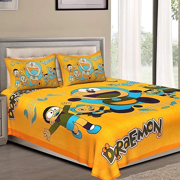 Buy Yellow Customized Doraemon Cartoon Print King Size Bedsheet with 2 ...