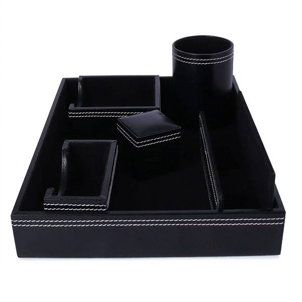 Buy Black Customized Genuine Leather Multipurpose Desk Organizer 6-In-1 ...