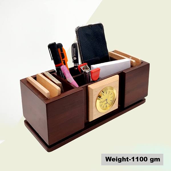 Buy Brown Customized Wooden Pen Stand with Clock for Office Table ...
