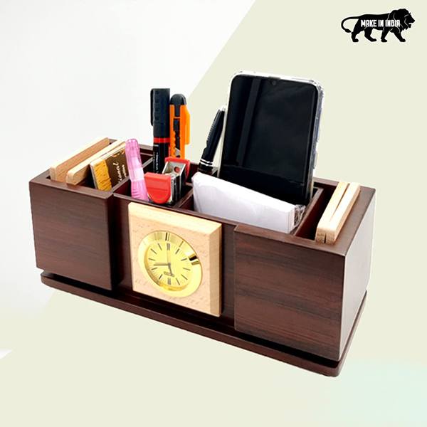 Buy Brown Customized Wooden Pen Stand with Clock for Office Table ...
