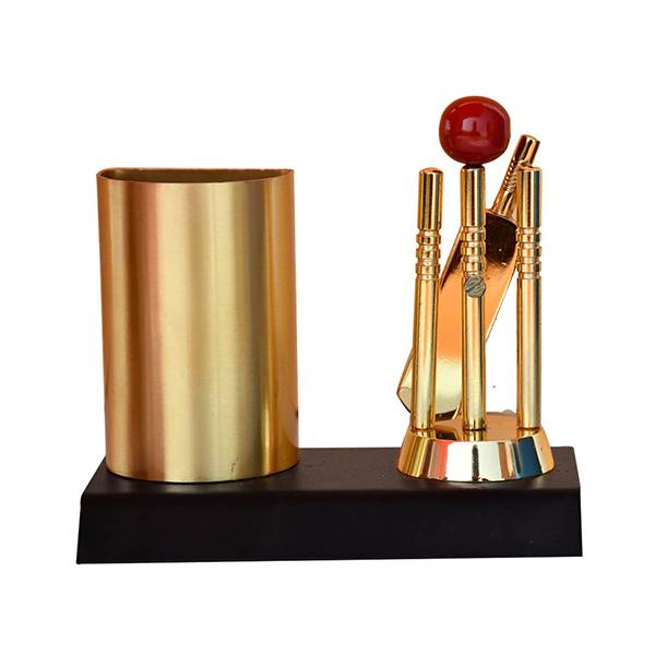 Buy Gold Customized Corporate Gifts for Clients Metal Cricket Pen Stand ...