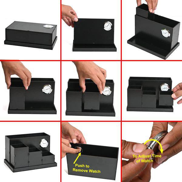 Buy Black Customized Wooden Desk Organizer With Clock, 4 Compartments ...