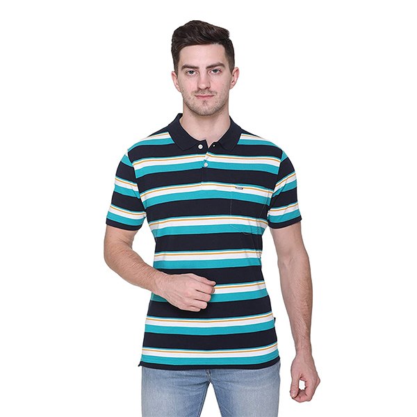 Buy Navy Blue with White and Green Line Customized Polo T-Shirt with ...