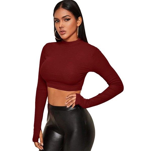 Buy Maroon Customized Women Regular Fit Full Sleeve Crop Top with Thumb ...