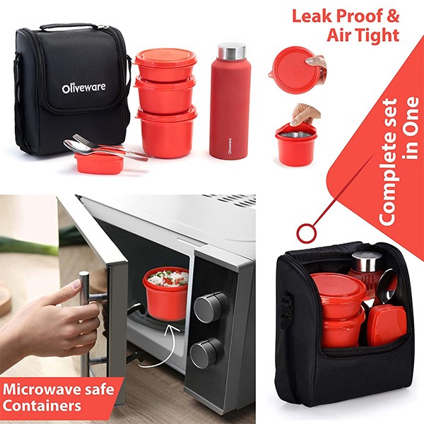 Buy Black Customized Oliveware Lunch Box with Bottle (3 Stainless Steel ...