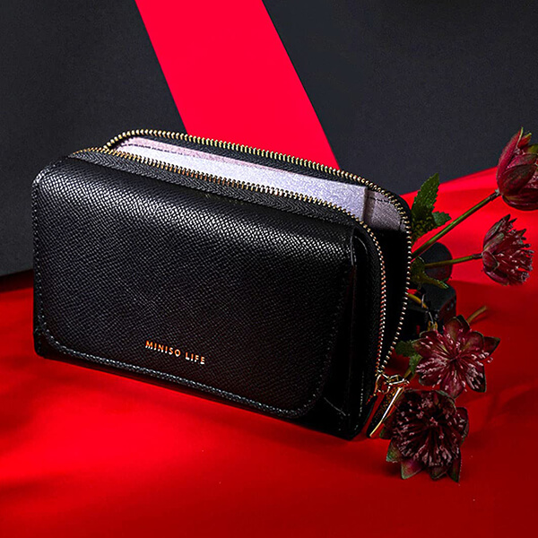 Buy Black Customized MINISO Metal Textured Women's Wallet with Zipper ...